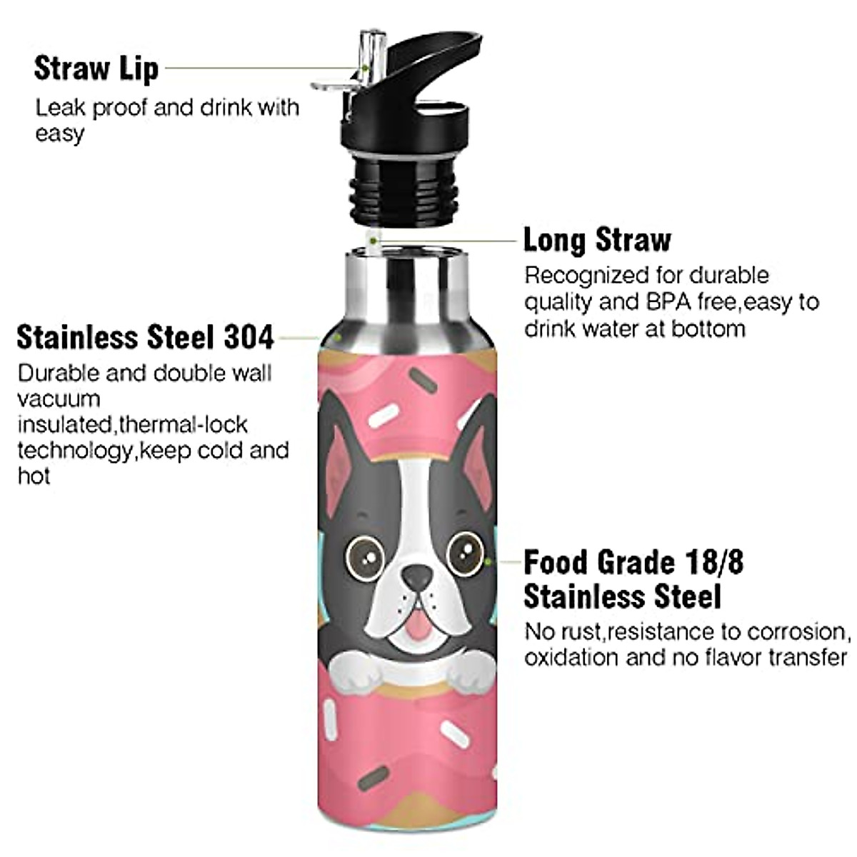 Yasala Water Bottle Dog Donut French Bulldog Coffee Thermos Stainless Steel Insulated Beverage Container 20 oz with Straw Lid BPA-Free for Sport, Travel, Camping, Back to School