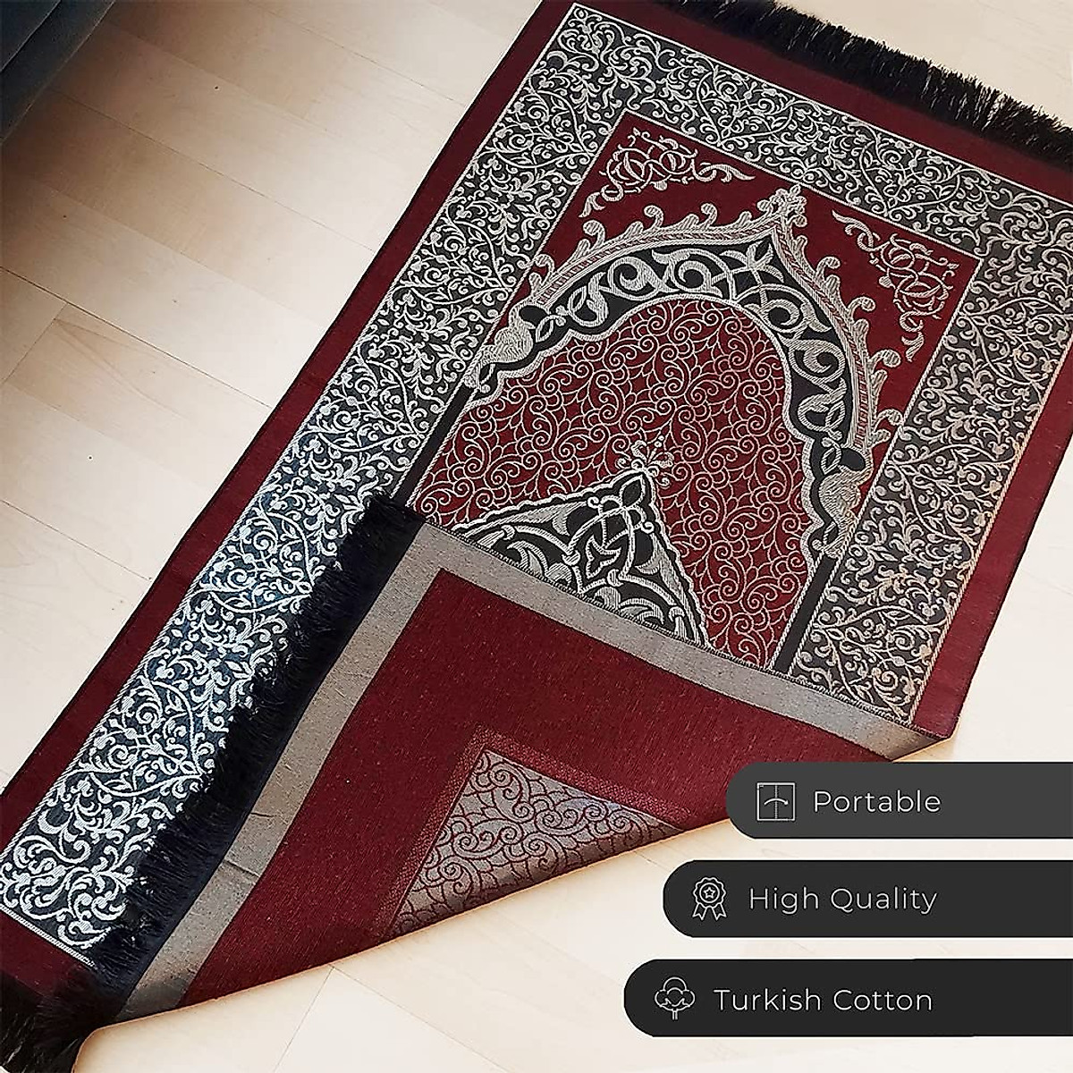 Prayeristan Muslim Prayer Rug - Prayer Mat with Gift Prayer Beads & Special Kaaba Box - Islamic Rugs for Men and Women - Portable & Travel Prayer Mat - Ramadan & Islamic Gifts (Claret Red)