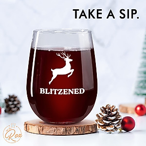 Funny Christmas Wine Glasses - “Baked, Lit, Bottoms Up, Blitzened” Printed Stemless Wine Glass Set of 4 - Wine Holiday Gifts for Her - Christmas Cocktail Glasses and Drinkware by On The Rox Drinks