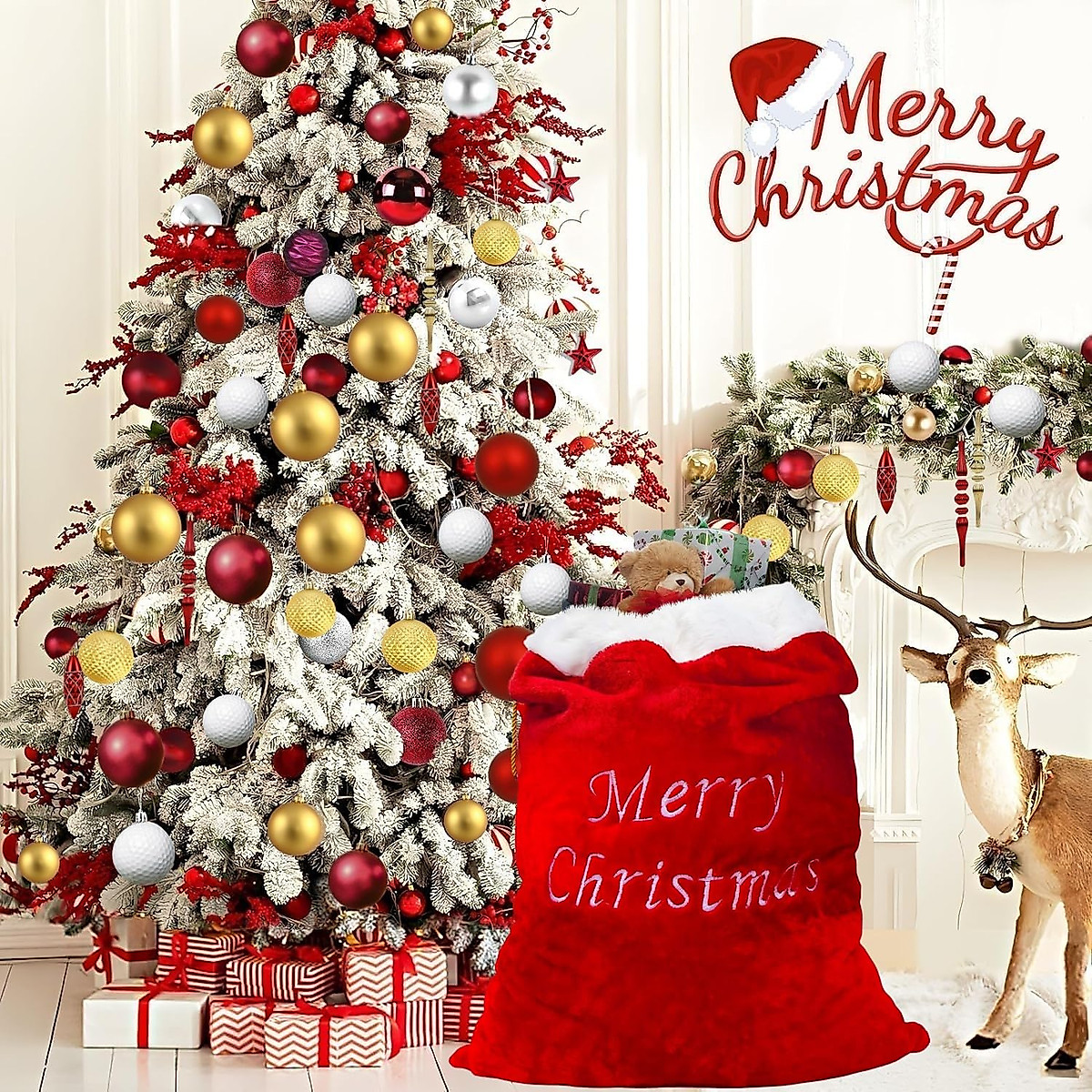 Luxury Oversized Velvet Santa's Gift Sack 3D Plush Faux Fur Cuff with Cord Drawstring – 34" Tall x 24" Wide