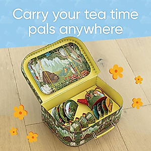 Hearthsong 15-Piece Woodland-Themed Tin Tea Set, Serves 4, 11½”L x 3½”W x 7¾”H Carrying Suitcase, Woodland Themed, Ages 3 and Up