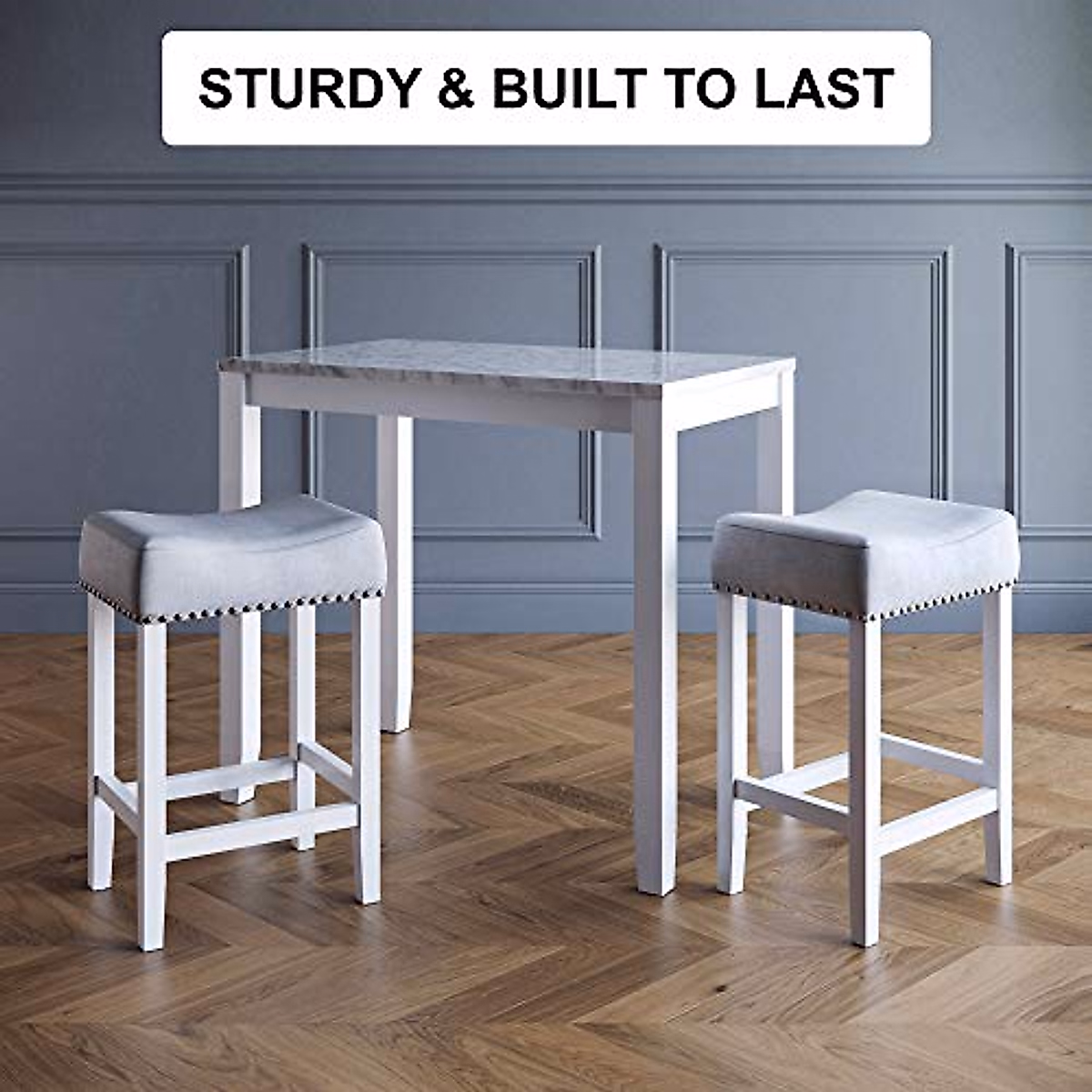 Nathan James Viktor 3 Piece Dining Set, Heigh Kitchen Counter Pub or Breakfast Table with Marble Top and Fabric Wood Base Seat, Light Gray/White