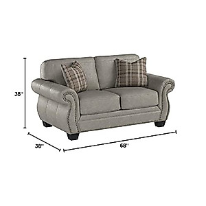 Signature Design by Ashley Olsberg Faux Leather Loveseat with Nailhead Trim and 2 Accent Pillows, Gray