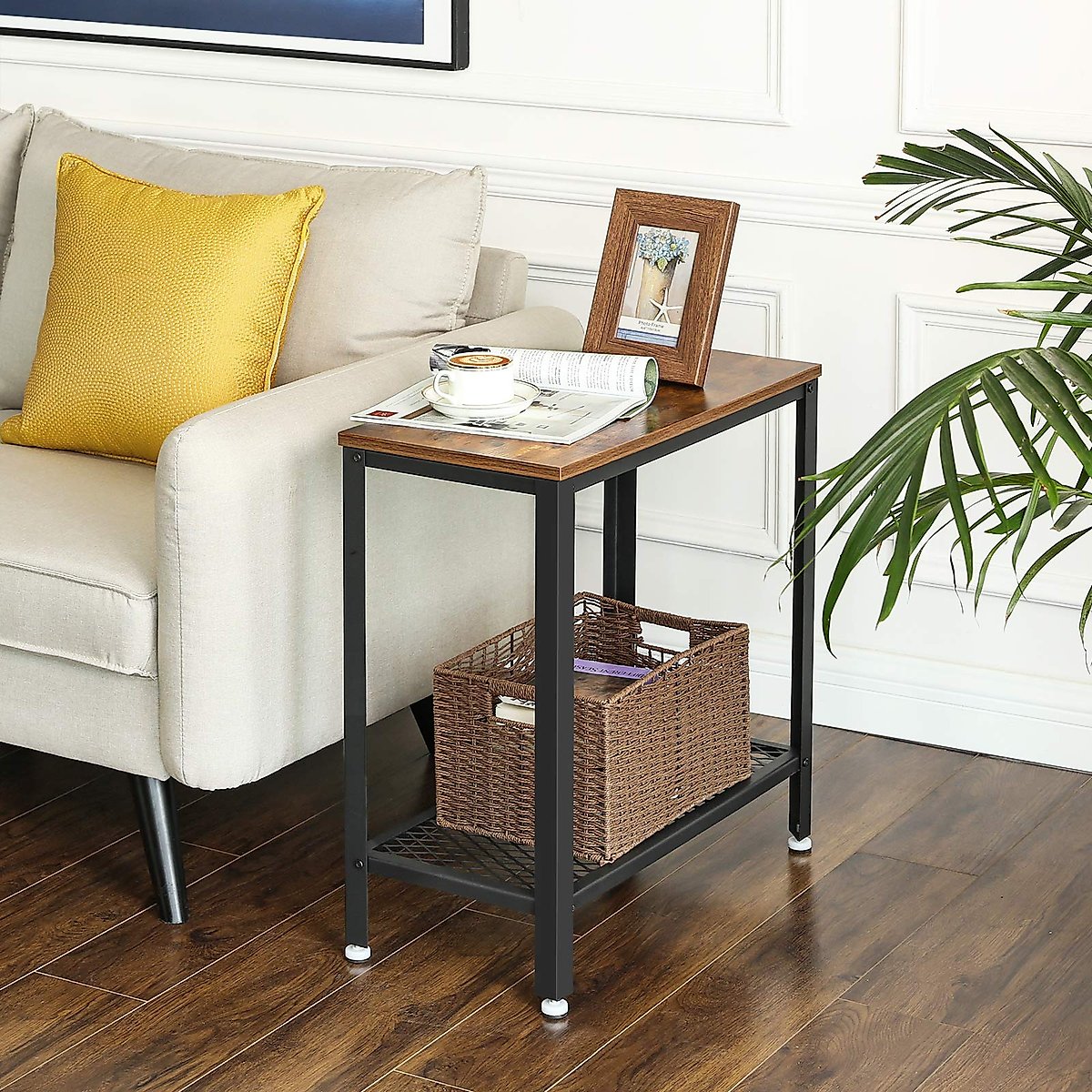 VASAGLE 2-Tier Narrow Side End Table for Couch, Rustic Sofa Printer Table with Mesh Shelf for Bedroom, Fish Tank Stand for Home, Office, Rustic Brown and Black