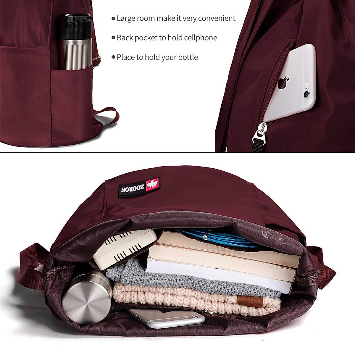 ZOORON Waterproof Drawstring Gym Backpack Bag for Men & Women, Sport Gym Sack Mini Travel Daypack