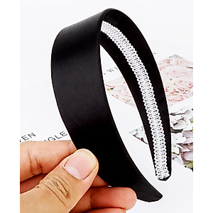 Wecoe Women's 1.6 Inch Wide Black Silk Satin Headband, Non Slip Fashion Plain Head Band, DIY Hair Accessories for Women Girls, Holiday Hair Accessories, Gifts