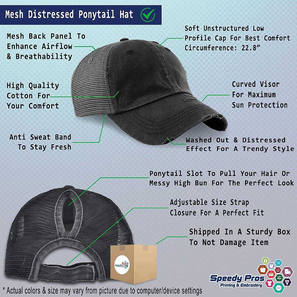 Speedy Pros Womens Ponytail Cap Field Hockey Mom Embroidery Cotton Distressed Trucker Hats Strap Closure Black