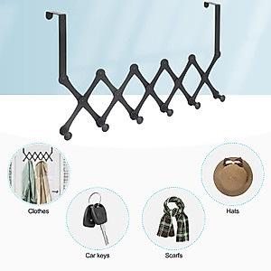 Simfree Over The Door Hooks,Retractable Stainless Steel Over The Door Hanger with 6 Hooks,Hanging Organizer Over The Door Towel Rack for Coat,Hats,Clothes,Towels,Black