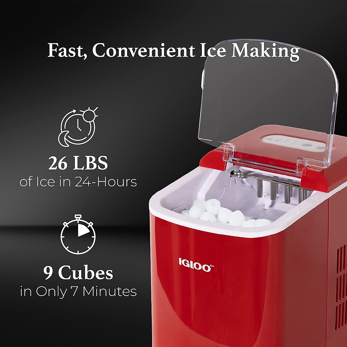 Igloo Electric Countertop Ice Maker Machine - Automatic and Portable - 26 Pounds in 24 Hours - Ice Cube Maker - Ice Scoop and Basket - Ideal for Iced Coffee and Cocktails - Red