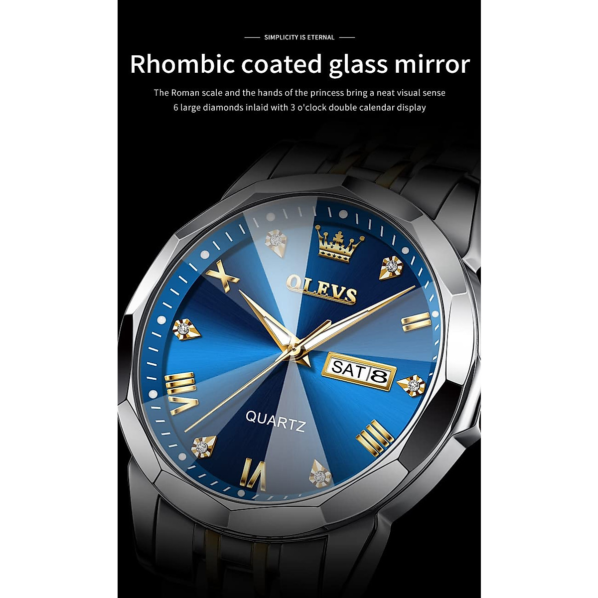 OLEVS Watch for Men Diamond Business Dress Analog Quartz Stainless Steel Waterproof Luminous Date Two Tone Luxury Casual Wrist Watch Blue