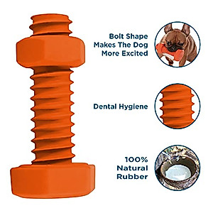 BLACK+DECKER Squeaker Dog Chew Toy Durable Teeth-Cleaning,Tough Almost Indestructible for Small, Medium & Large Dogs, Interactive & Tough Non-Toxic Natural Rubber Chew Toys, 6.5" Rubber Bolt, Orange