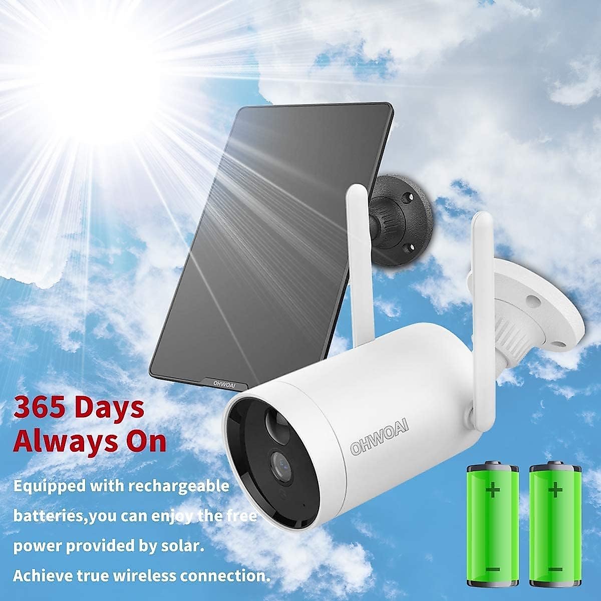 《 Two-Way Audio & Truly Wireles》 Outdoor Solar Powered Rechargeable Battery Camera, Surveillance WiFi Camera with Solar Panel, Security Home IP Camera, PIR Motion Detection, Waterproof, Night Vision