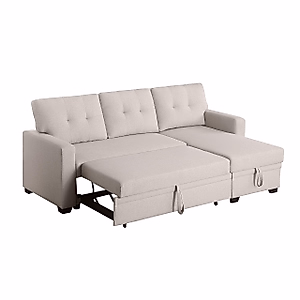 Wakefit Sectional Sofa Couch, 4-in-1 Sleeper Sofa Bed with Reversible Storage Chaise Pull Out Couch for Living Room | Hidden Stroge | Pull Out Bed | Removable Backrest | Linen Fabric, Beige