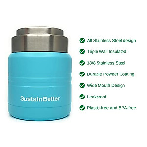 SustainBetter Plastic-Free Vacuum Insulated Stainless Steel Thermos for Hot Foods, Triple Insulated Food Jar for Lunch, Leak-Proof and Wide Mouth Food Container, 12 oz, Ocean Blue