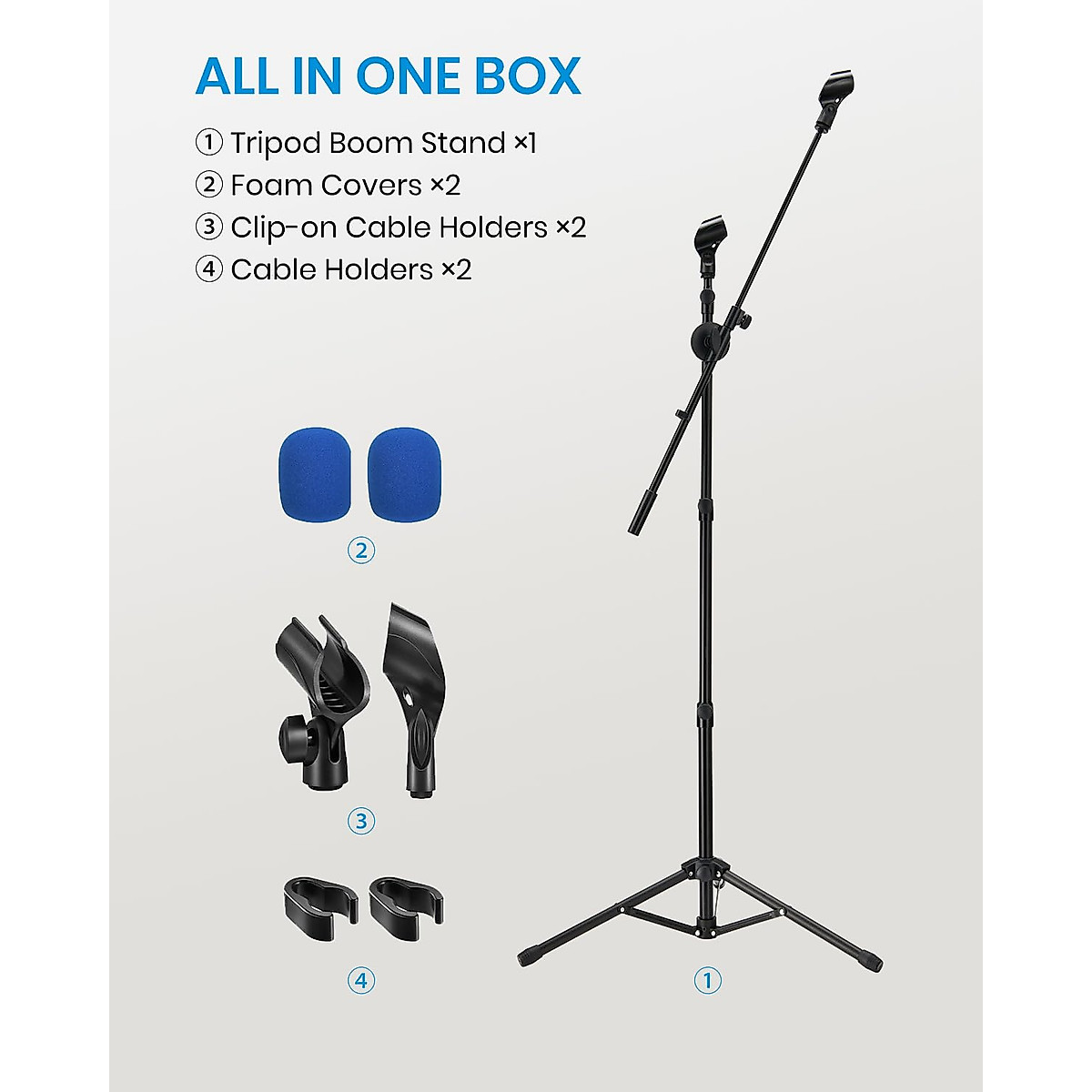 Moukey Microphone Stand, Tripod Boom Mic Stand with 2 Non-Slip Mic Clip Holders & 2 Foam Covers, Collapsible Adjustable Mic Stand for Singing, Karaoke, Stage and Outdoor Activities, Black, MMs-3