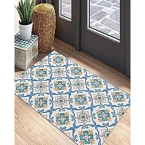 Front Entrance Floor Mats, Non Slip Bathroom/Kitchen Mat Absorbent Durable Small Rugs, St. Patrick's Day Four Leaf Clover Retro Tile Pattern Door Mat Indoor/Outdoor Carpet Shoes Scraper 16x24 inch