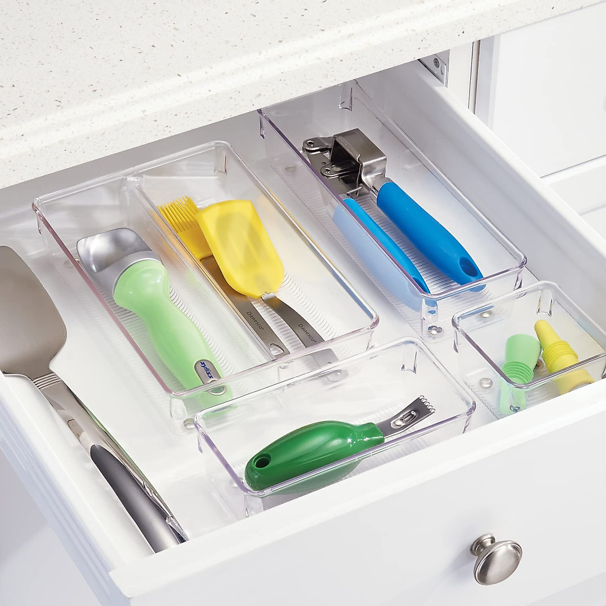 iDesign Linus Plastic Kitchen Drawer Organizer for Silverware, Spatulas, Cutlery, Gadgets, Office Supplies, Cosmetics, 4" x 4" x 3", Set of 2, Clear