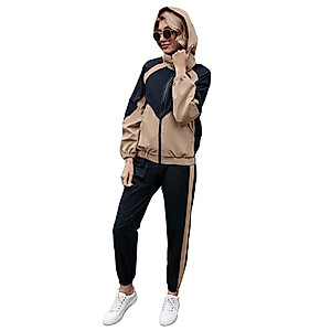 SweatyRocks Women's 2 Piece Outfits Long Sleeve Full Zip Jacket and Pants Tracksuit Set Khaki Black XL