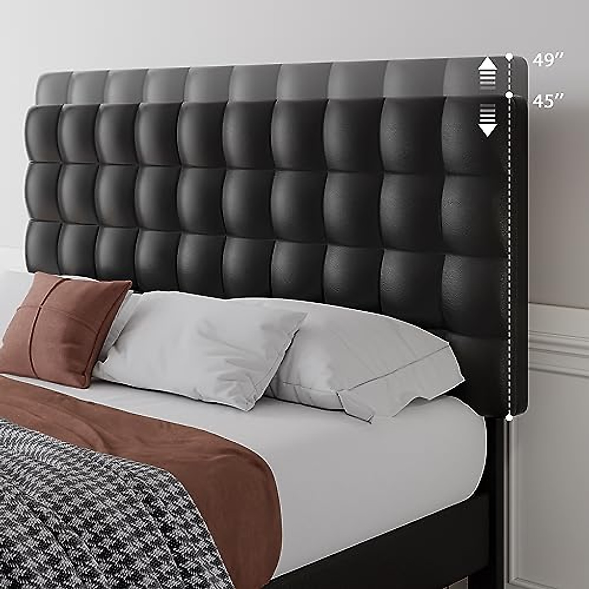 iPormis Full Size Platform Bed Frame, Faux Leather Upholstered Bed Frame with Square Tufted Headboard, Wood Slats Support, No Box Spring Needed, Easy Assembly, Black