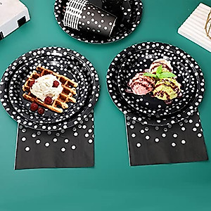 Gudvilla 200Pcs Black & Silver Dot Party Dinnerware for Graduation, Birthday, Retirement & Anniversary