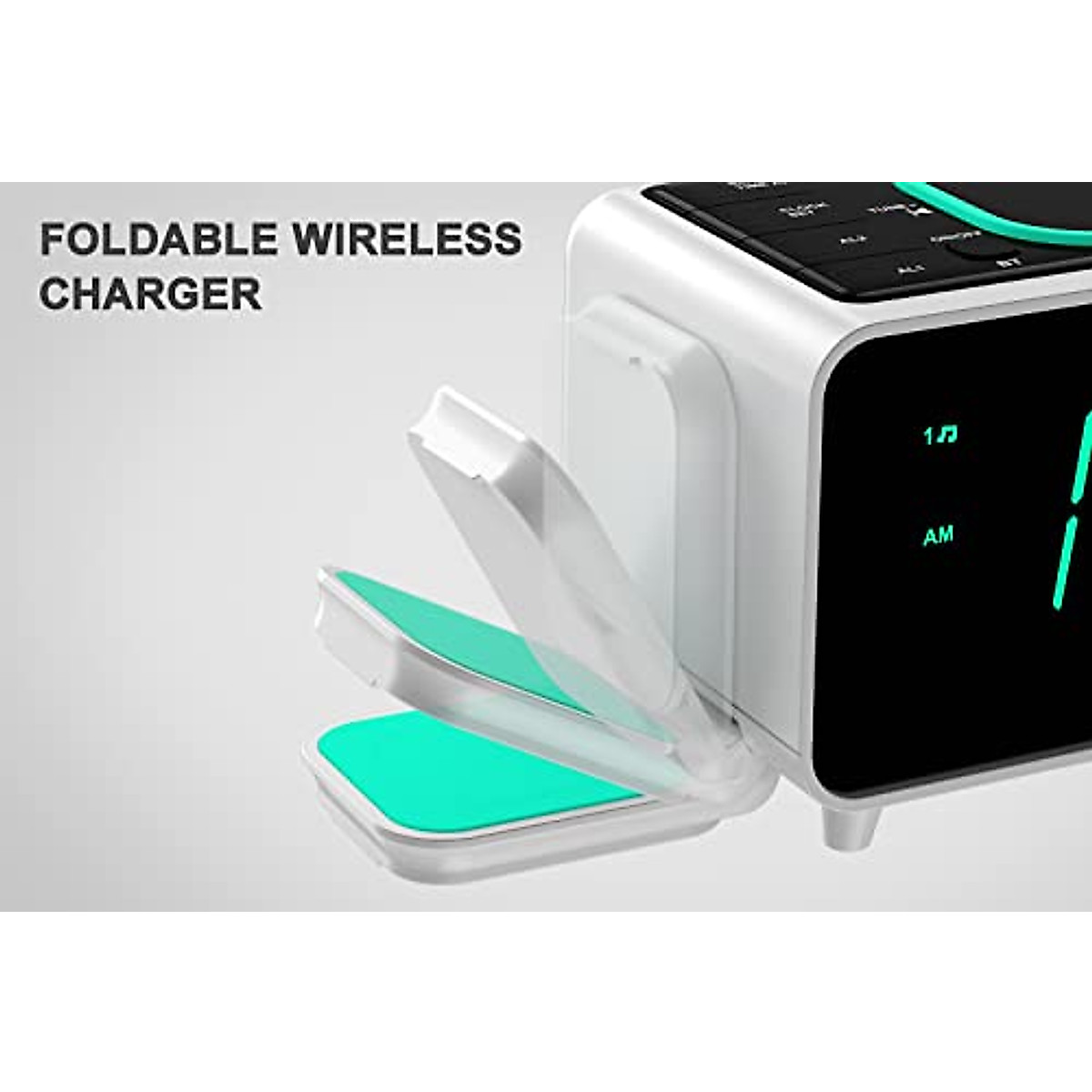 Emerson Radio Smartset Alarm Clock FM Radio with Wireless Charging, Bluetooth Speaker, Fast Charging for Airpods/iPhone, Foldable Stand, USB Charger, Adjustable LED Glow, ER100501, Black/Neon