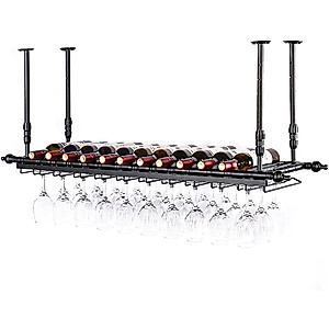 Hanging Wine Rack with Glass Holder and Shelf,Adjustable Metal Ceiling Bar Wine Glass Rack,2 in 1Industrial Wall Mounted Wine and Glass Rack,47.3” Bottle Holder Wine Shelf