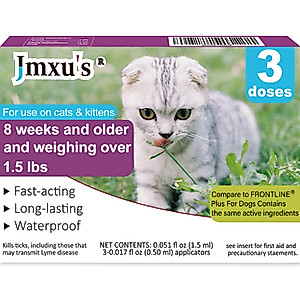 Flea and Tick Prevention for Cats, Cat Flea & Tick Control with Fipronil, Long-Lasting & Fast-Acting Topical Flea & Tick Treatment Drops for Kitten, 3 Doses