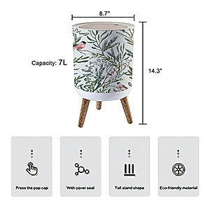 Small Trash Can with Lid Watercolor Seamless with Winter Leaves Branches Berries Bullfinch Bird 7 Liter Round Garbage Can Elasticity Press Cover Lid Wastebasket for Kitchen Bathroom Office 1.8 Gallon