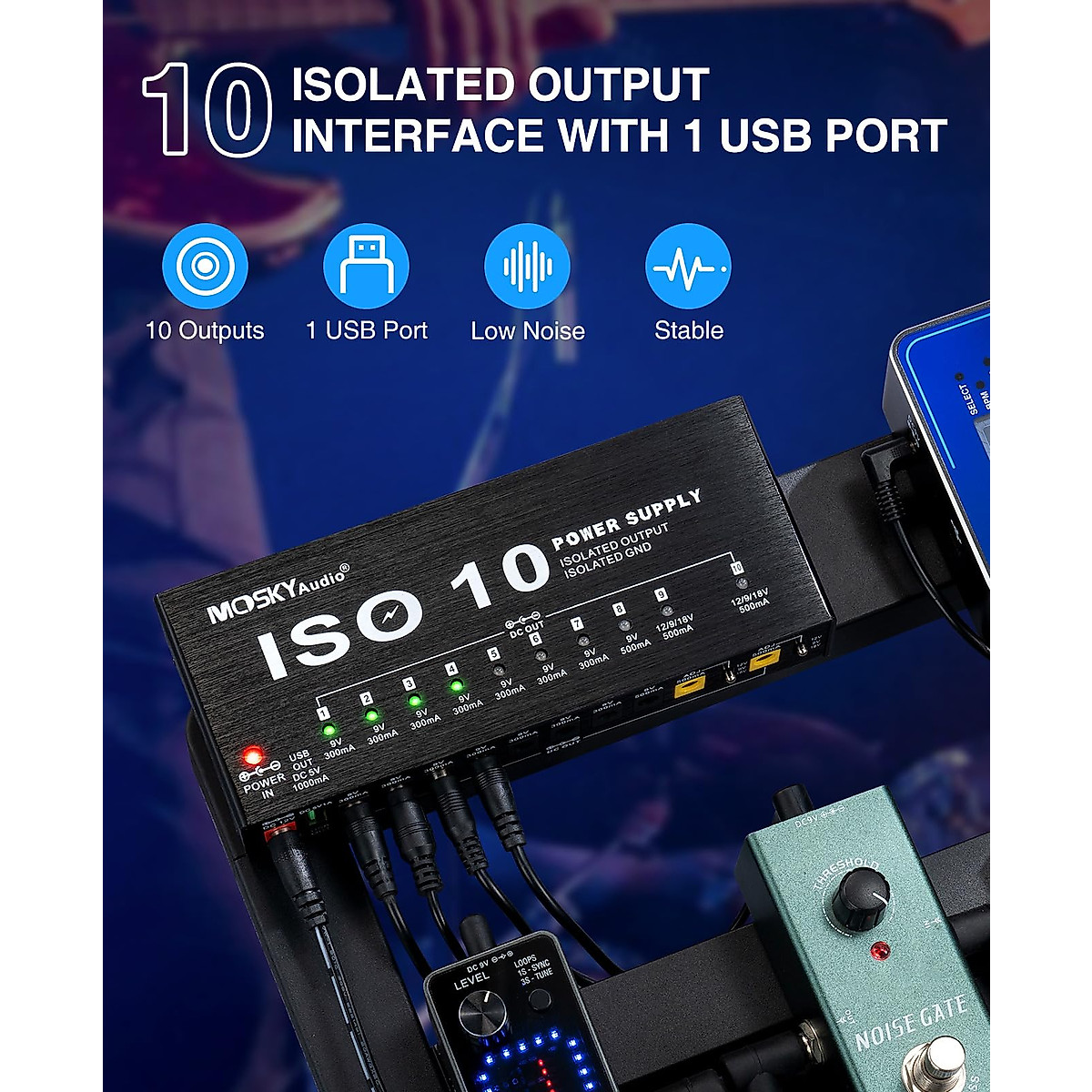 Mosky Guitar Pedal Power Supply 10 Isolated DC Output, 9V 12V 18V 300mA 500mA Effect Pedal Boards Power Supply with USB Port, Short Circuit Overcurrent Protection