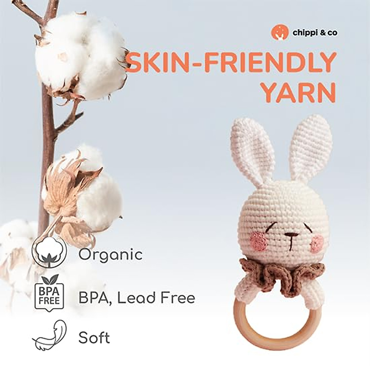 Chippi & Co Wooden Crochet Baby Rattle, Crochet Baby Toys Stuffed Animals Easter Gifts for Kids, Wooden Newborn Toys, Easter Basket Stuffers, Basket Filler, Bunny Decor (Ruffles The Sleepyhead Bunny)