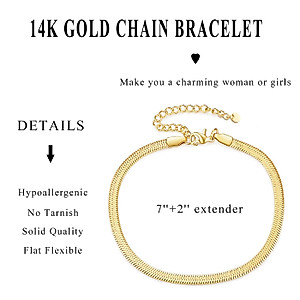 NUZON Gold Snake Chain Bracelet for Women 18K Gold Plated Adjustable 5MM Flat Flexible Herringbone Link Bracelet Charm Minimalist Jewelry