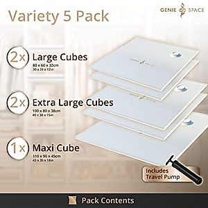 GENIE SPACE - Incredibly Strong Premium Cube Space Saving Vacuum Bags | Variety 5 Pack (1MX+2XL+2L) | Airtight & Reusable | Create 80% more space | For Clothes, Towels, Bedding, Duvets and more.