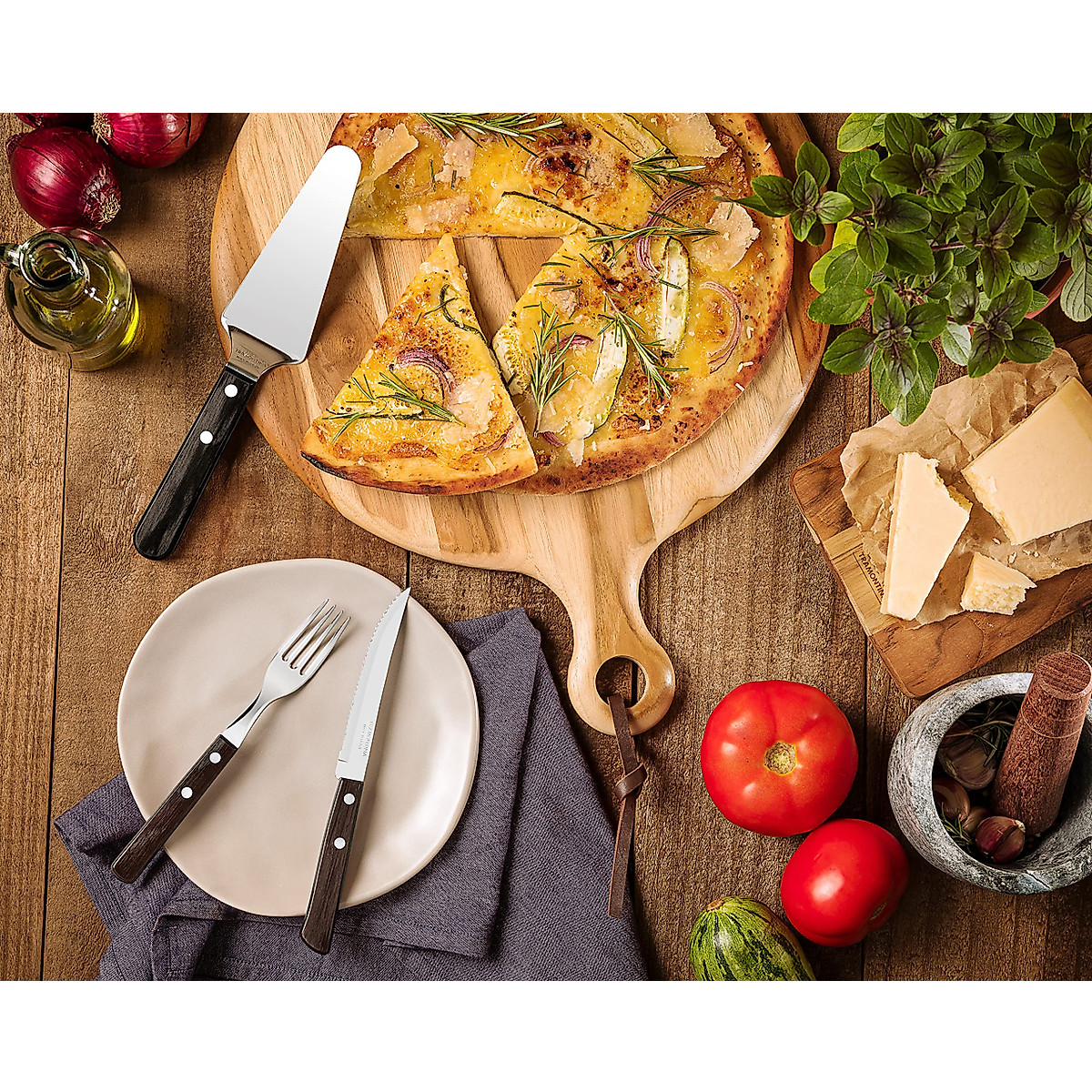 Tramontina Cutlery Set with Steak Knives, 8 Piece Sharp Knife and Fork Set with Wooden Handles, ‎Camping, Kitchen, Rustic, Dishwasher Safe, 29899296