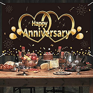 Kauayurk Happy Anniversary Banner Backdrop Decorations, Extra Large Wedding Anniversary Party Poster Supplies, Black Gold Anniversary Decor Photo Booth for Outdoor Indoor(6X3.6ft)
