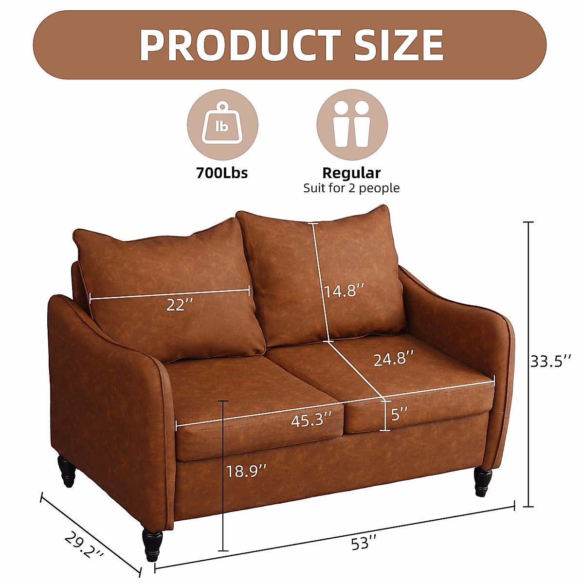 53" Small Loveseat Sofa,Mid Century Modern Love Seat Sofa Couch with PU Leather,2 Seat Small Couches for Small Spaces,Comfy Upholstered Sofa for Living Room,Bedroom,Dorm Office and Apartment(Brown)