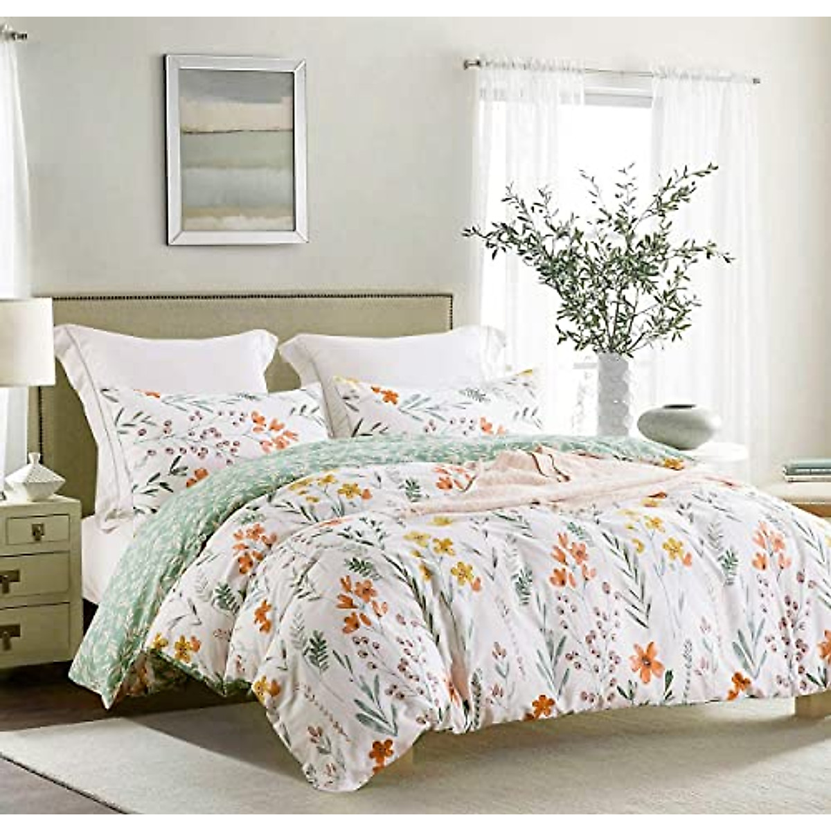 SLEEPBELLA Duvet Cover Queen, 600 Thread Count Cotton 3pcs Bedding Set Yellow Flowers and Green Branches Printed on White Reversible Comforter Cover