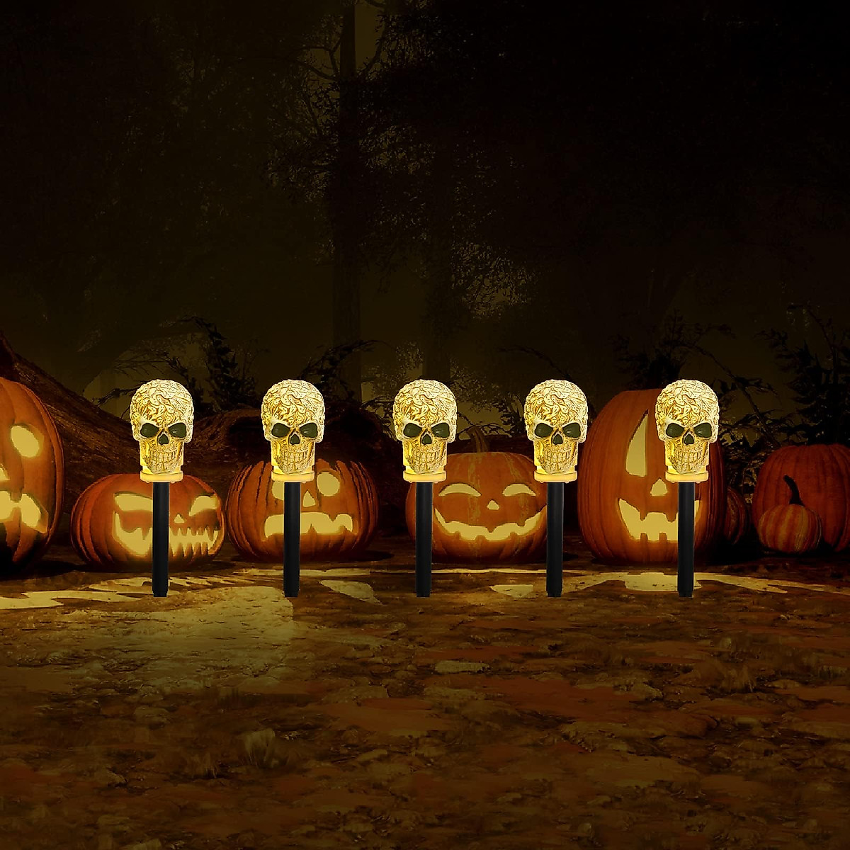 Funck 5PK Halloween Skull Pathway Lights, Waterproof & Battery Operated Skull Stake Lights for Halloween Decorations Outdoor Garden Yard Pathway Decor