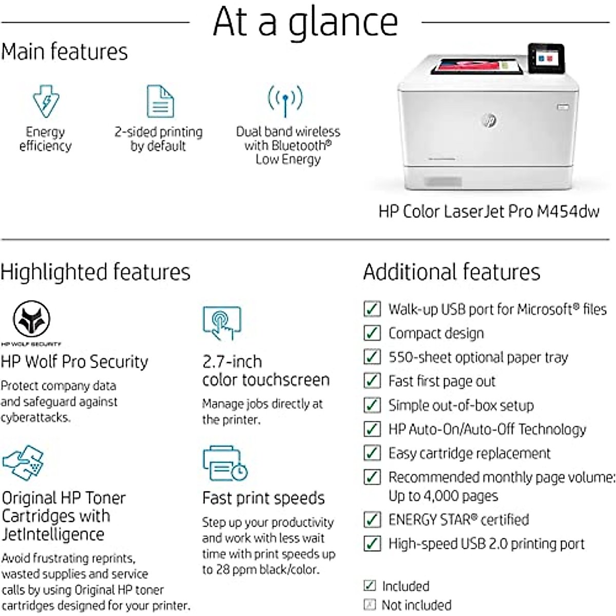 HP Laserjet Pro M454dw Wireless Color Laser Printer (W1Y45A), Print Only, 28ppm, 600x600 dpi, Duplex Printing, 2.7" Color Touchscreen Display, Auto On/Off Technology, Wi-Fi, Lanbertent Printer Cable