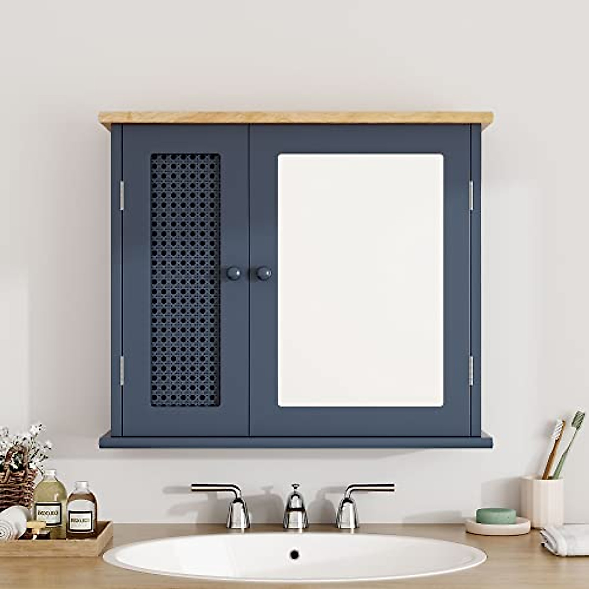 soges Bathroom Wall Cabinet Medicine Cabinet with Mirror, Wall Mounted Bathroom Storage Cabinet with 2 Doors, Wood Hanging Cabinet Storage Organizer for Bathroom, Living Room, Dark Blue