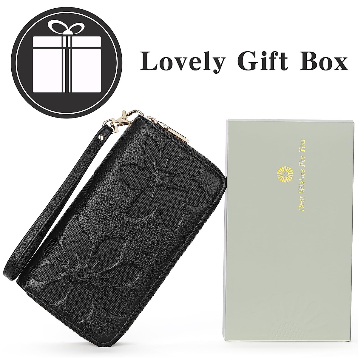 GOIACII Women's Wallet Large Capacity Double Zip Around Credit Card Holder Leather Ladies Wallet with RFID Blocking Phone Wristlet Purse Black