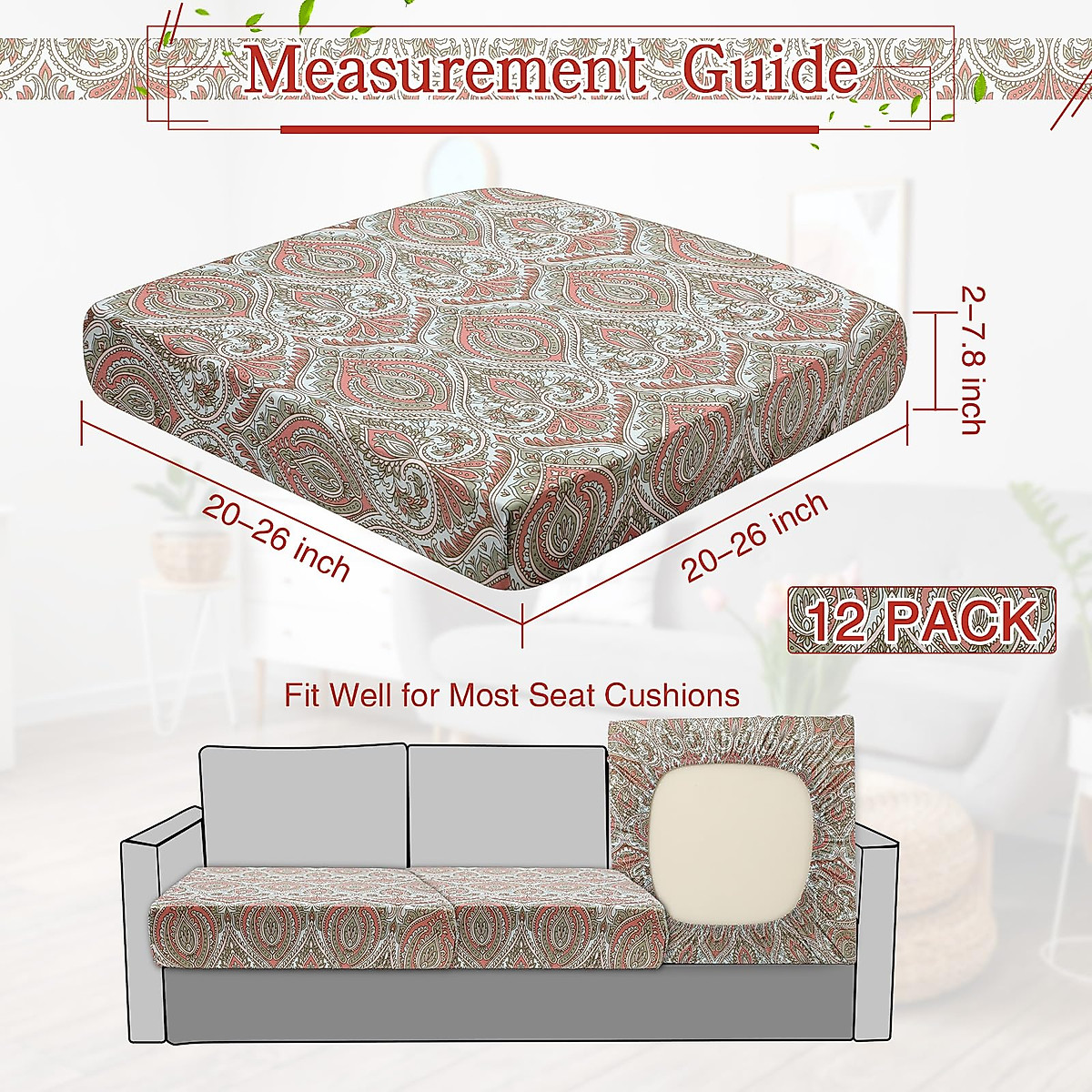 Newwiee 12 Pcs Patio Stretch Sofa Cushion Covers Outdoor Cushion Cover Replacement Couch Slipcover Sofa Seat Cover Flexibility Chair Cushion Cover Porch Patio Furniture Protector (Red,Paisley Print)