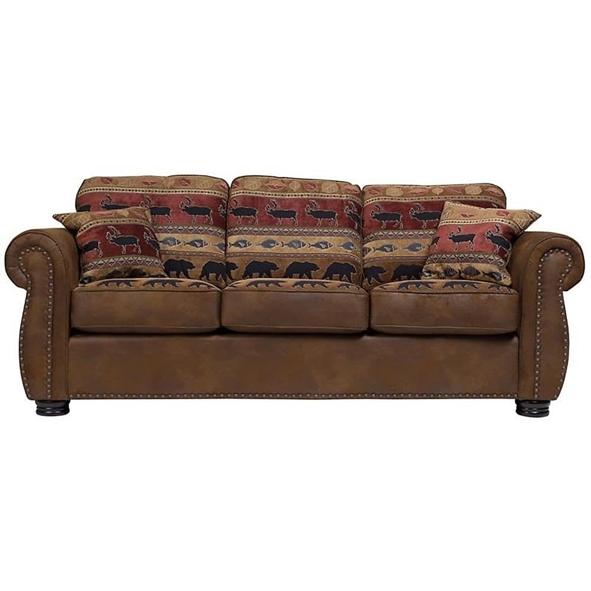 Hawthorne Collections 20.5" Farmhouse Leather Wildlife Pattern Sofa in Brown