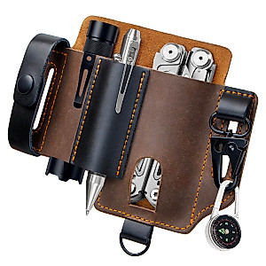 GVKES Leather Multitool Sheath - Leatherman Holster with Keychain - EDC Organizer and Belt Pouch for Knife, Flashlight, and Tools