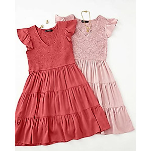 ZESICA Womens 2023 Summer Casual V Neck Flutter Sleeve Bohemian Ruffle Smocked A Line Swing Mini Dress,Watermelon,Small