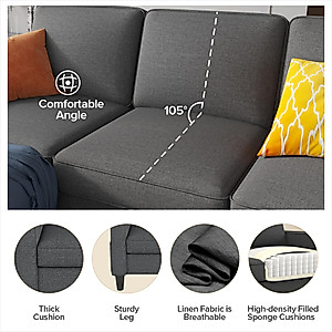 Youmumeub Convertible Sectional Sofa, L-Shape Linen Fabric Sofa Couch with Storage Ottoman, 3-Seats Sofa for Small Living Room and Apartment, Dark Grey