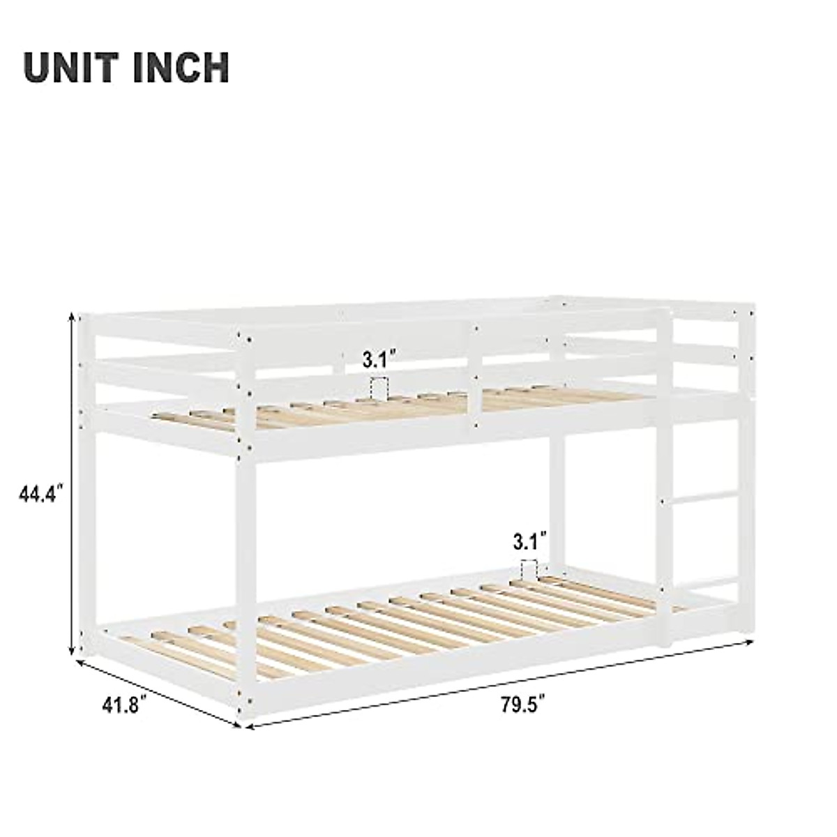 Senviy Twin Over Twin Floor Bunk Bed with and Guardrail,Wooden Bed Frame for Girls and Boys for Bedroom,No Spring Box Needed (White)