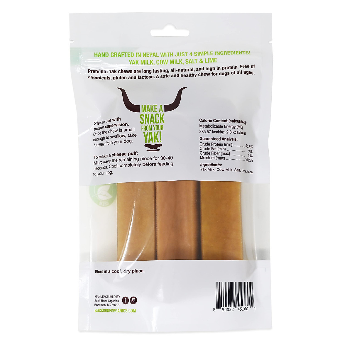 Buck Bone Organics Yak Cheese Chews for Dogs, All Natural Himalayan Yak Chew, Long Lasting Pet Treats, Odor Free, with Limited Ingredients (3 Large Sticks)