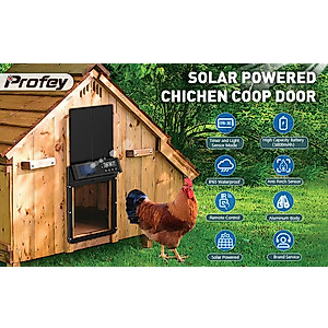 Profey Solar Powered Automatic Chicken Coop Door, LCD Display, 4 Modes, Waterproof, Aluminum Alloy, Remote Control, AA Battery Operated, 9.2x10.7x9.2 inches