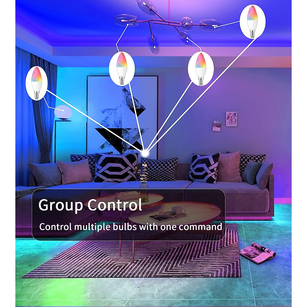 Smart Light Bulbs E12 RGB+CCT Led WiFi+Bluetooth Smart Bulbs 300lm 40W Equivalent Multicolor and Dimmable, Halloween light bulbs Work with Alexa Google Smart Things WiFi(2.4GHz) No Hub Required 5Pack