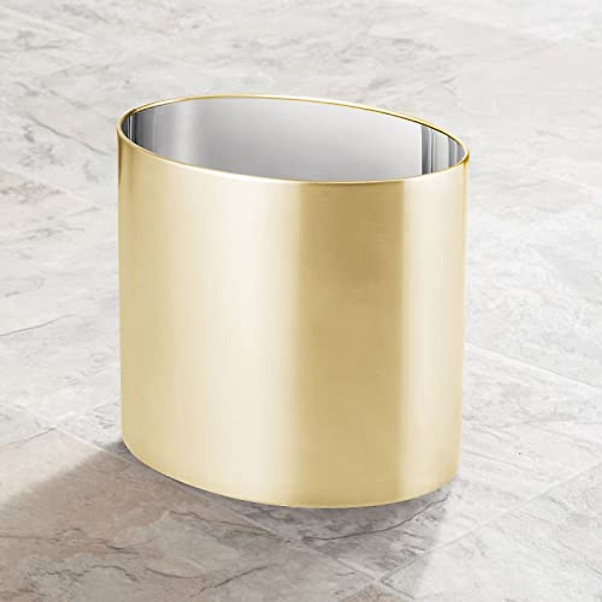 mDesign Stainless Steel Metal Oval Trash Can, Small 2.09 Gallon Wastebasket, Garbage Basket Bin for Bathroom, Bedroom, Kitchen, or Home Office, Holds Waste and Recycle, Mirri Collection, Soft Brass